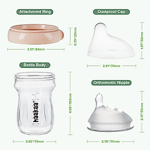 haakaa Gen.3 Natural Glass Baby Bottle Wide Neck Anti-Colic Variable Flow Nipple - Easy to Clean & Latch for 6M+ Breastfed Babies, Newborn Registry Essentials,BPA-Free, 6.3 oz/180 ml, Peach