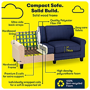 Serta Copenhagen 73" Rolled Arm Sofa, Easy Care Polyester, Soft Pillow Back, Pocket Coil Seat Cushions, Removable Covers, Loveseat or Couch for Small Spaces, Living Rooms or Bedrooms, Navy Blue