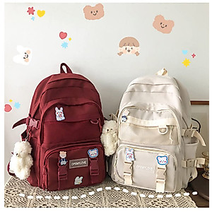 ANEBIPLE Aesthetic Kawaii Nylon Lighteweighted Portable Laptop Backpack with A Cute Bear Pendant, Large Capcity (Red)