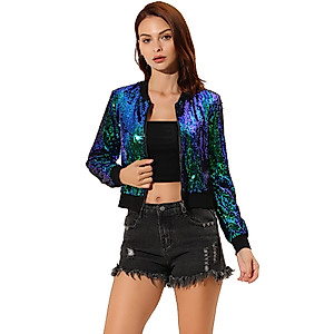Allegra K Women's Sequin Jacket Long Sleeve Cropped Zipper Up Party Glitter Bomber Sparkly Jackets X-Small Green