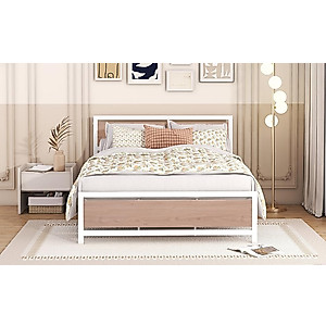 UBGO Queen Size Platform Bed with Headboard and Footboard,Metal and Wood Bed Frame,No Box Spring Needed,for Kids, Teens, Girls, Boys,Bedroom Furniture-White
