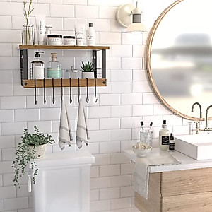 J JACKCUBE DESIGN Wall Mount Rustic Wood Floating Shelf, Coffee Mug Rack with 8 Hooks, 2 Tier Hanging Storage Shelves for Kitchen, Bathroom, and Living Room - MK455A