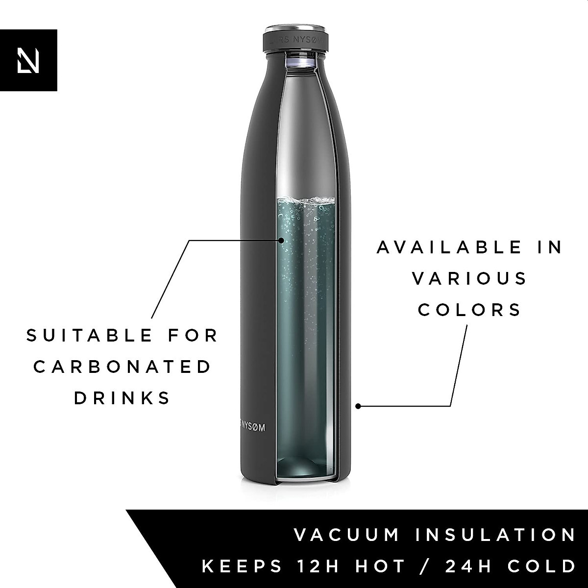 LARS NYSØM Stainless Steel Insulated Water Bottle 12oz 17oz 25oz 34oz 51oz | BPA-free Insulated Thermo Flask for Hot and Cold Beverages | Leakproof Drinking Bottle