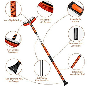 HOHUIGO 58.5" Ice Scraper and Extendable Snow Brush for Car Windshield, Snow Scraper Brush Detachable for Car Auto SUV Truck Vehicle 180° Pivoting, Snow Ice Remover Snow Broom Kit with Foam Grip