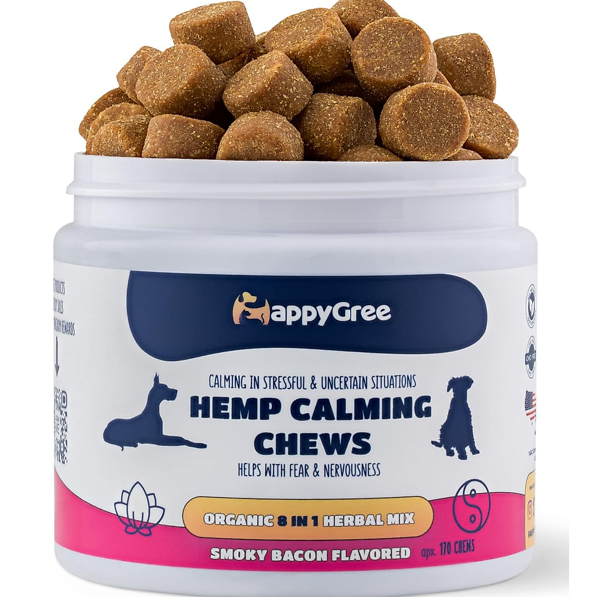 Best Natural Health Supplements for Dogs, Various Formulas & Benefits - Vet Recommended, 170 Natural Soft Chews - Smoky Bacon Flavor, Made in The USA (Hemp Calming)