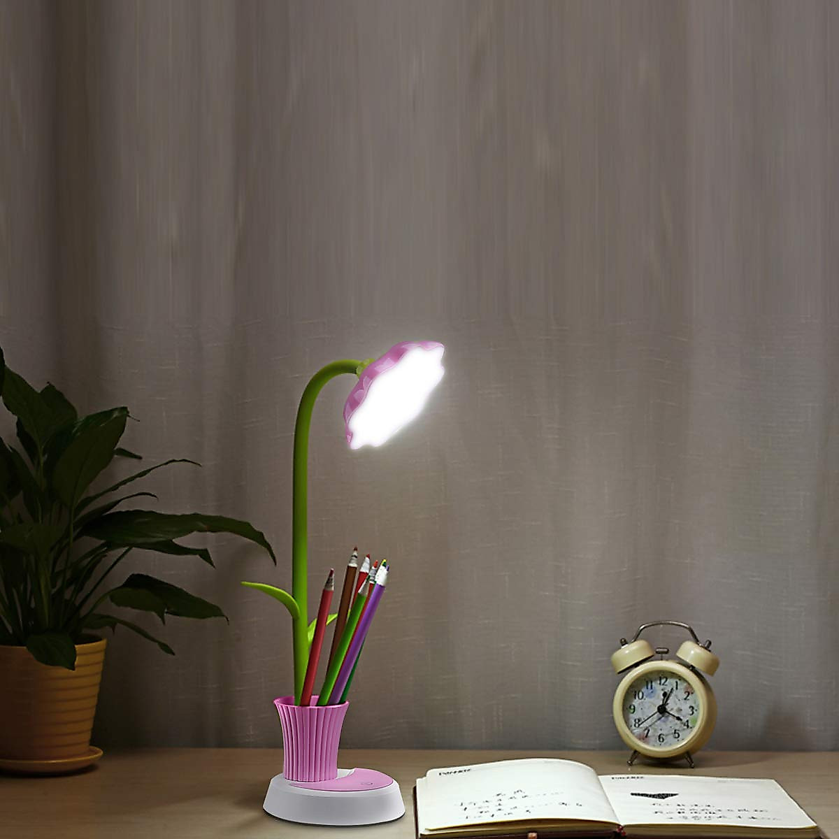 Desk Lamp for Kids - Uniwit Sunflower LED Charging Table Lamp Support Eye Protection Small Desk Folding for Reading,Study and Office, Adjustable Brightness - Pink