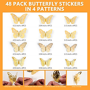 Crosize 48 Pcs Gold Butterfly Decorations, 4 Styles 3 Sizes, Butterfly Wall Decor, 3D Butterfly Party Decorations, Butterflies for Crafts, Bouquet, Cake Decorating, Flower Arrangements, Room Décor