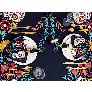 YiHomer Day of The Dead Halloween Tabletop - Dia De Los Muertos Floral Skeleton Mask, Cinco De Mayo Mexican Fiesta Party Home Kitchen Dining Room Decor, Sugar Skull, Tablecloth, 52 x 52 Square