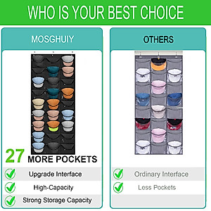 Mosghuiy Hat Rack for Baseball Caps: Hat Organizer Storage with 27 Deep Pockets - Hat Racks for Baseball Caps Hanging Over The Door Closet with 3 Hooks, Hat Hanger Organizers and Storage Holder, Black