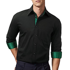 HISDERN Mens Black Dress Shirts Long Sleeve Button Down Shirt Inner Contrast Green Plaid Formal Business Tuxedo Shirt