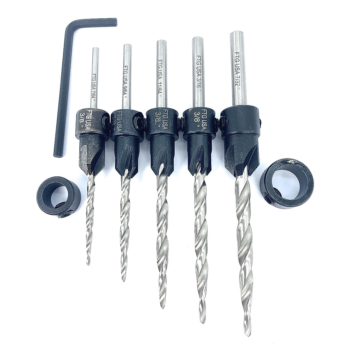FTG USA Adjustable Wood Countersink Drill Bit Set 5 Sizes Countersink Drill bit #4#6#8#10#12 Tapered Drill Bits with Straight Shank