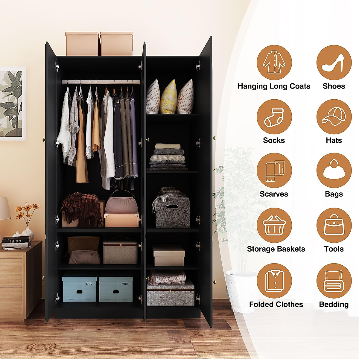 YMXLTD Armoire Wardrobe Closet with Doors for Hanging Clothes, Black Wardrobe Closet Cabinet with Hanging Rod, Modern Large Tall Wardrobe Storage Closet for Bedroom for Hanging Coat