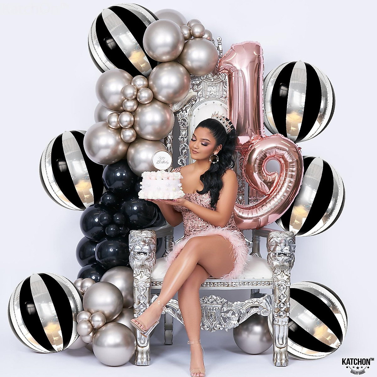 Big, 22 Inch Black and Silver Balloons - Pack of 6, Black and Silver Party Decorations | 360 Degree 4D Stripe Black Silver Balloons | Silver and Black Balloons for Black and White Party Decorations