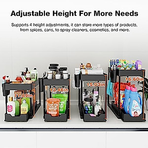 Hopezone Under Sink Organizers and Storage, 2 Pack Adjustable Height Under Sink Storage, 2 Tier Under Sink Organizer with Sliding Drawer, 8 Hooks & 2 Hanging Cups, Ideal for Kitchen, Bathroom