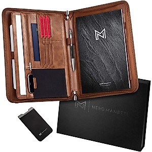 NERO MANETTI- Zippered Vegan Leather Padfolio/Portfolio Pad Holder-Business PU Leather Notepad Folder for Resumes, Interviews, iPad/Tablet, Phone, Legal Pad Notebook Executive Binder for Women, Men