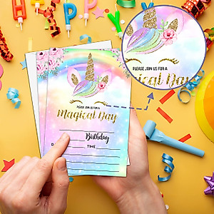 Unicorn Birthday Party Invitation, Magical Unicorn Themed Fill-In Invites for Friends, 20 Invitations With Envelopes (4" X 6"), Rainbow Party Favors Decorations and Supplies -29
