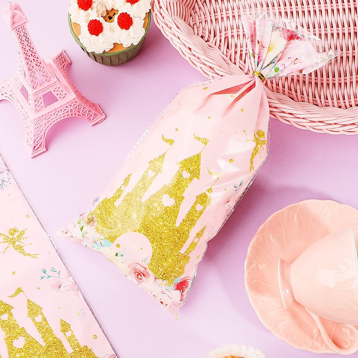 Leinuosen 100 Pcs Princess Theme Cellophane Treat Bags with Ties Castle Floral Fairy Princess Party Favor Bags Pink Plastic Candy Bags Cookie Bags Favor Gift Bag for Princess Birthday Party Supplies