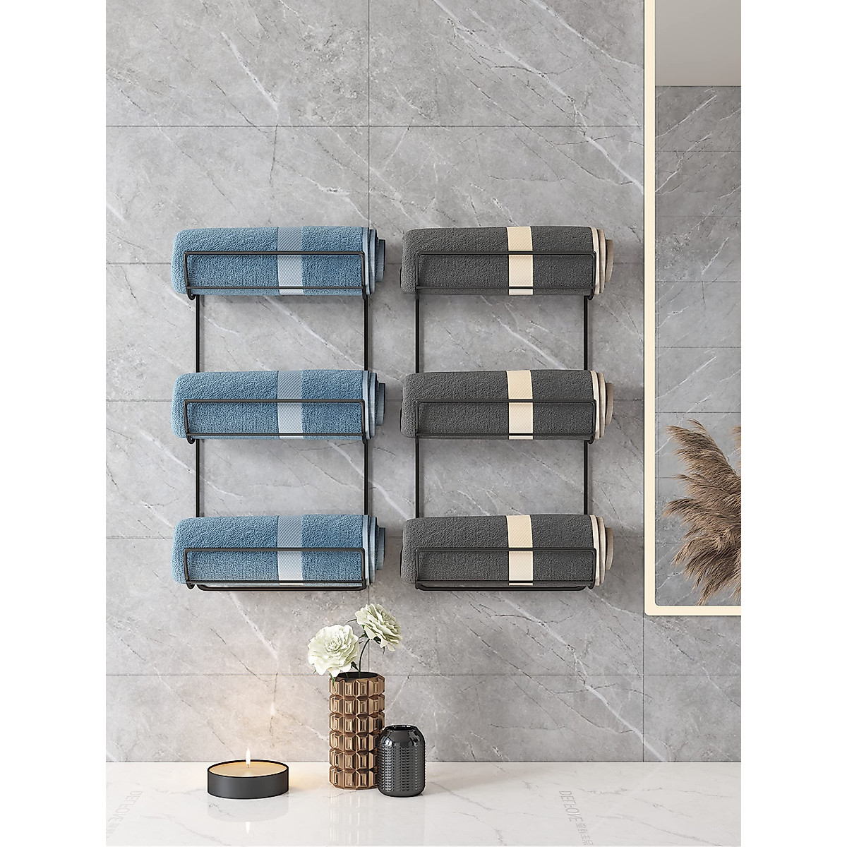 Towel Rack Wall Mounted Metal Wine Rack Washcloths Bathrobe Storage Shelf Organizer Hand Towels Holder for Bathroom Cloakroom - Black