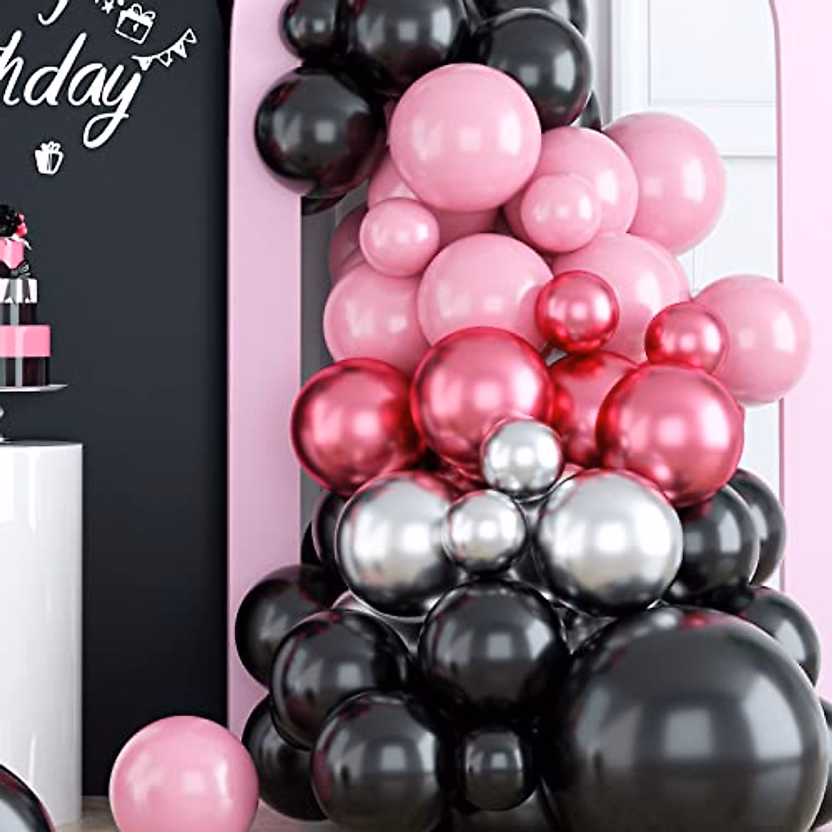 Pink Black Balloon Garland Kit, Pink Black and Silver Balloon Garland Kit, Pink Black Balloons Arch for Girl and Women Birthday Party, Black Pink Balloon Garland for Valentine'S Day Party Decorations