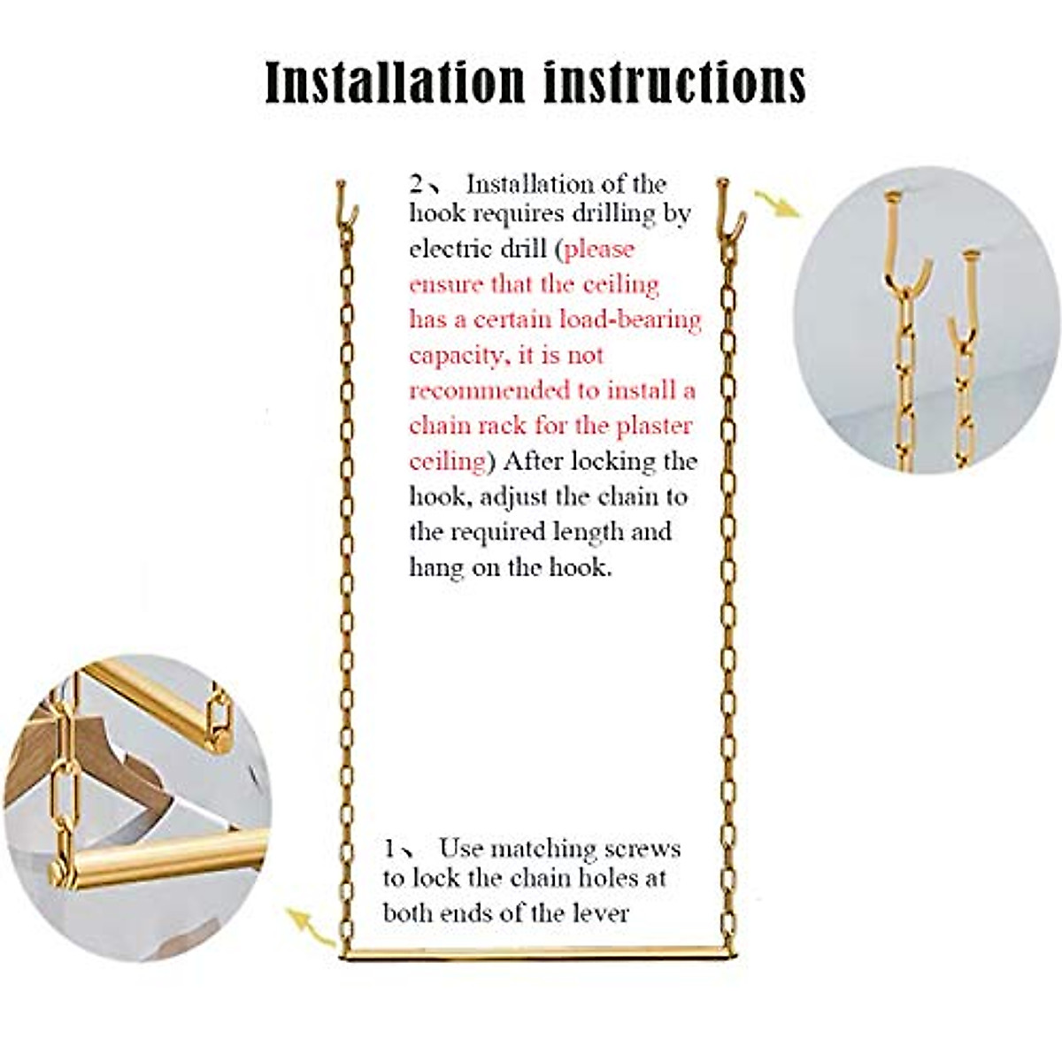 FURVOKIA 2 Pcs Creative Height Adjustable Metal Chain Clothing Hanging Racks,Commercial Wedding Dress Display Shelf,Retail Store Garment Rack,Ceiling Mount Clothes Storage Hanger (Gold, 47.2 L)