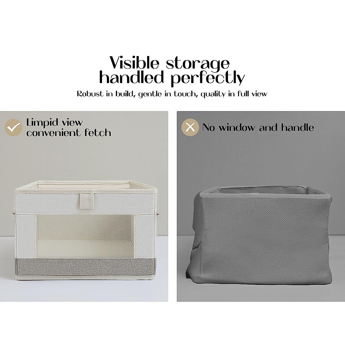 LoforHoney Home Closet Storage Bins with Clear Window, Foldalble Storage Baskets for Shelves with Handles, Fabric Storage Bins for Clothes, Shelf Baskets for Organizing, Beige & Gray, 2-Pack