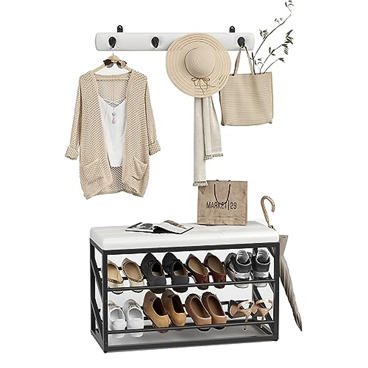 Entryway Bench with Shoe Storage for Living Room Shoe Rack Bench,Shoe Bench Entryway with Cushion,Adjustable-Height Shoe Bench with Storage,Storage Bench Entryway Shoe Rack Bench Featuring Coat Rack