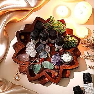 Lotus Mandala Crystal Tray Wooden Crystal Holder for Stones Lotus Shape Crystal Display Tray Wood Jewelry Plate Shelf Healing Crystal Organizer Large Bowl Decor for Gemstones, 7.9 x 7.9 Inch, Brown