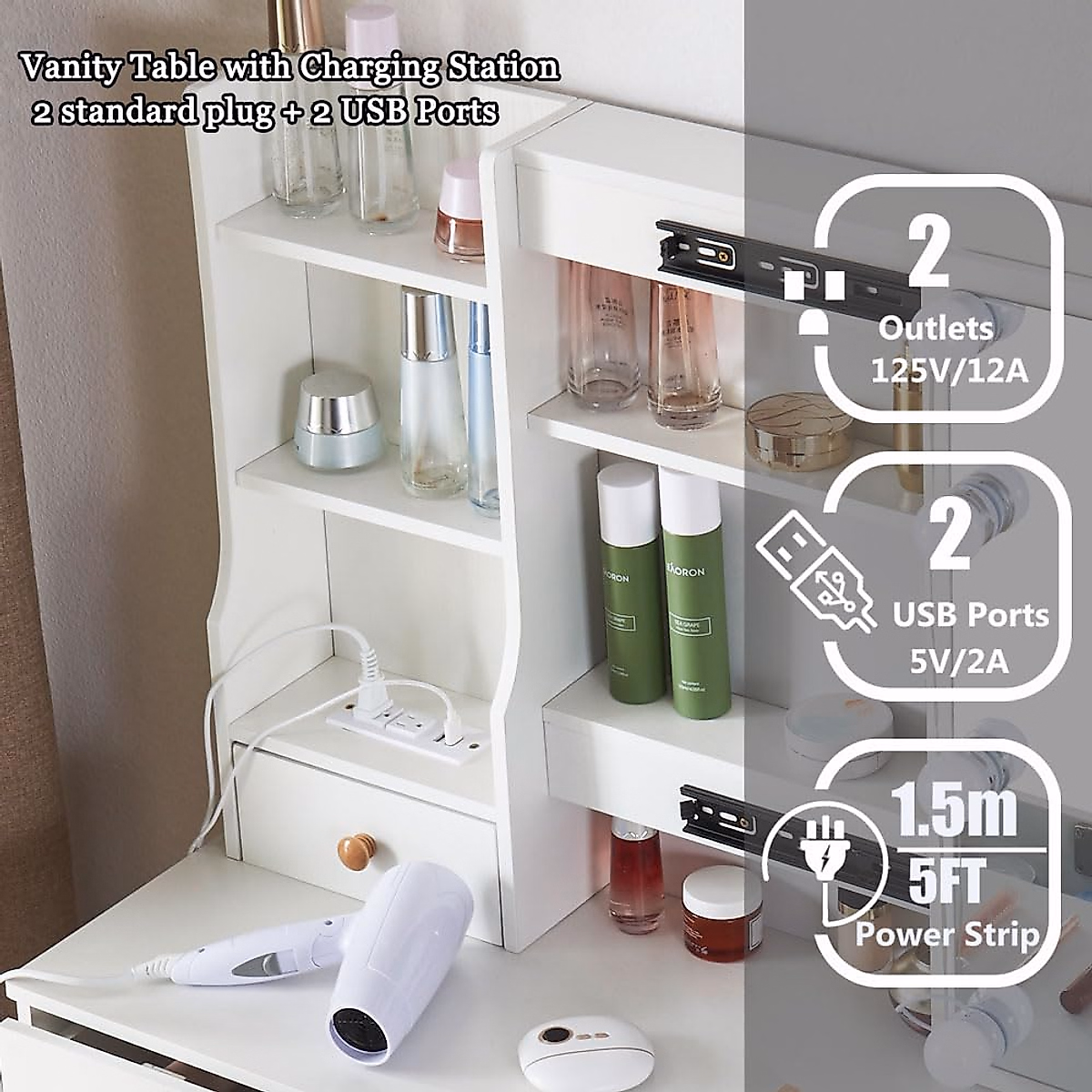 Lucaseone Vanity Desk with Lights Mirror, Vanity Table Makeup Vanity with Slidable Mirror,Drawers & Stool,for Bedroom, White (7507USB)