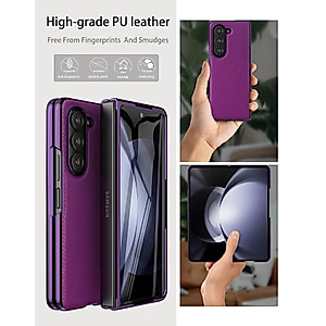 Feitenn for Samsung Z Fold 5 Case, Z Fold 5 Genuine Leather Back Case Slim Hard PC Bling Shockproof Case with Front Tempered Glass Screen Protector Film for Samsung Z Fold 5 2023 (Purple)