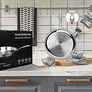 imarku Stainless Steel Pan, 12 inch Frying Pan, 3 Ply Stainless Steel Frying pan, Fry pan, Stainless Steel Skillet, Cooking Pan - Oven Safe Skillet, Christmas Gift for Man and Woman