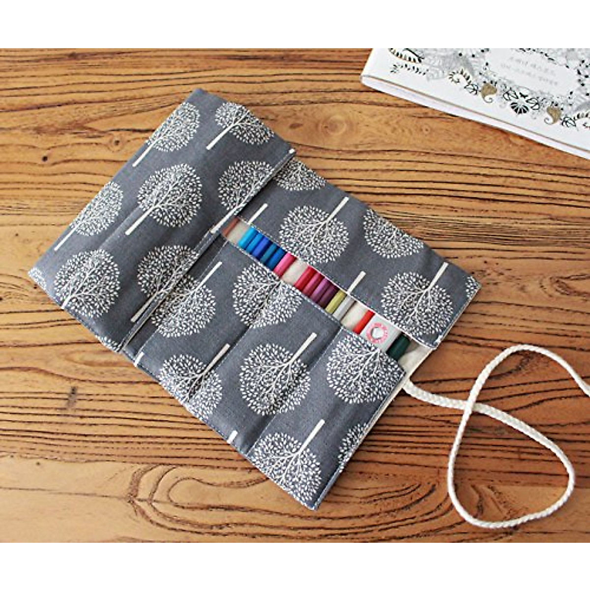 CreooGo Canvas Pencil Wrap, Pencils Roll Case Pouch Hold for 72 Colored Pencils (Pencils are not Included)-Tree,72 Holes