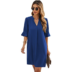WDIRARA Women's Short Sleeve Notched V Neck Tunic Dress Casual Solid Dresses Royal Blue L