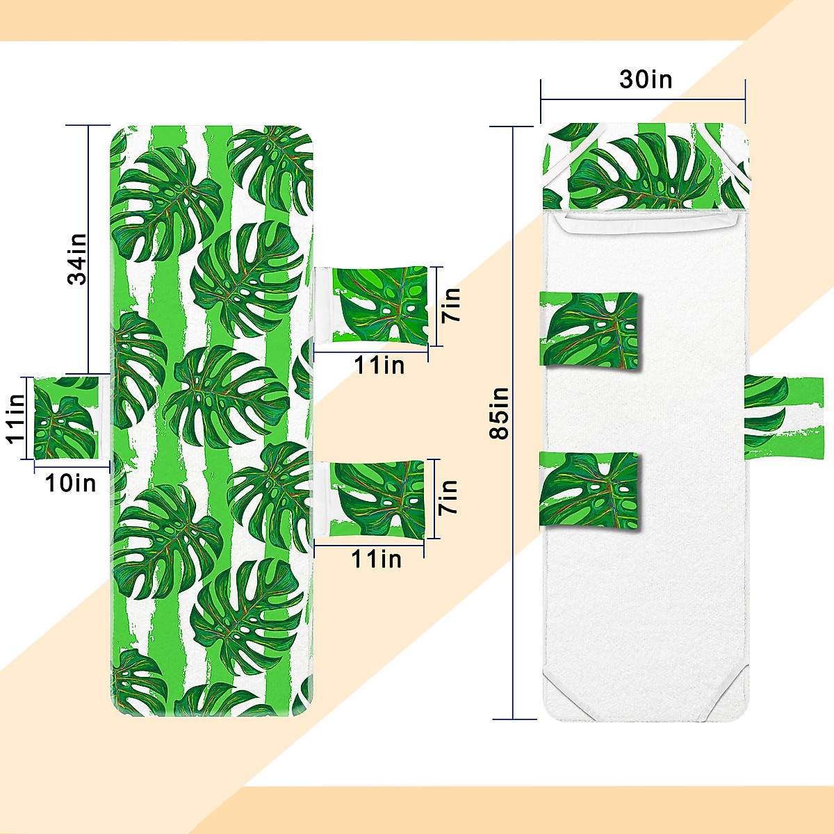 Ruikyhom Lounge Chair Towel Cover, Chaise Lounge Cover, Beach Chair Covers with 3 Pockets for Pool Sunbathing Beach Garden Courtyard Outdoor Trips, 85 x30 in, Green Leaves