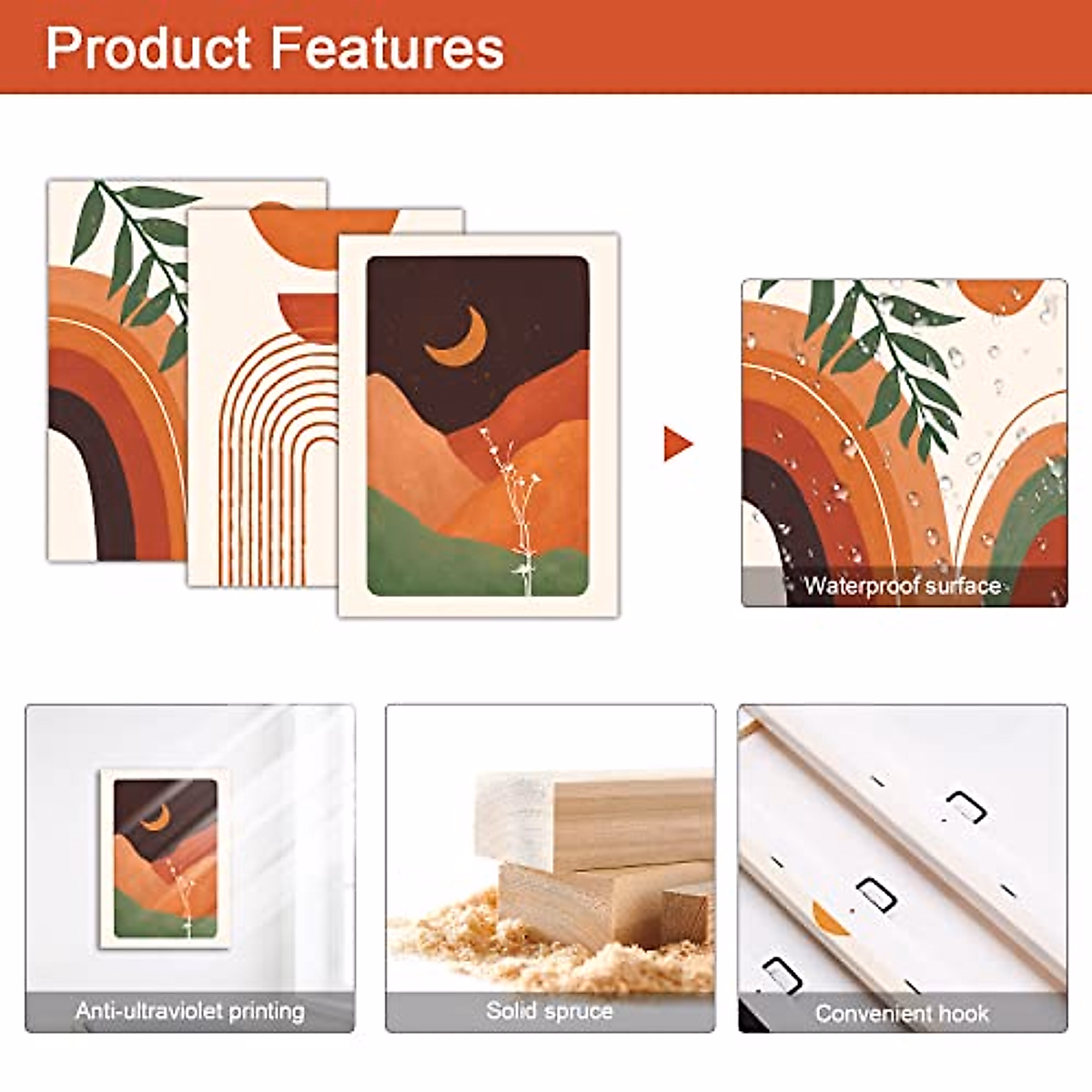 Boho Wall Art Set of 3, Boho Bedroom Decor Orange Minimalist Wall Decor Art, Mid Century Modern Wall Art, Neutral Abstract Geometric Framed Canvas Prints Wall Art for Bathroom 12"x16"