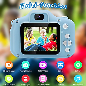 YUE3000 Kids Camera, Front and Rear Camera Digital Cameras for Boys and Girls Gift Age 3-9, 2.0 -inch Screen,1080P Video with 32GB SD Card-Blue