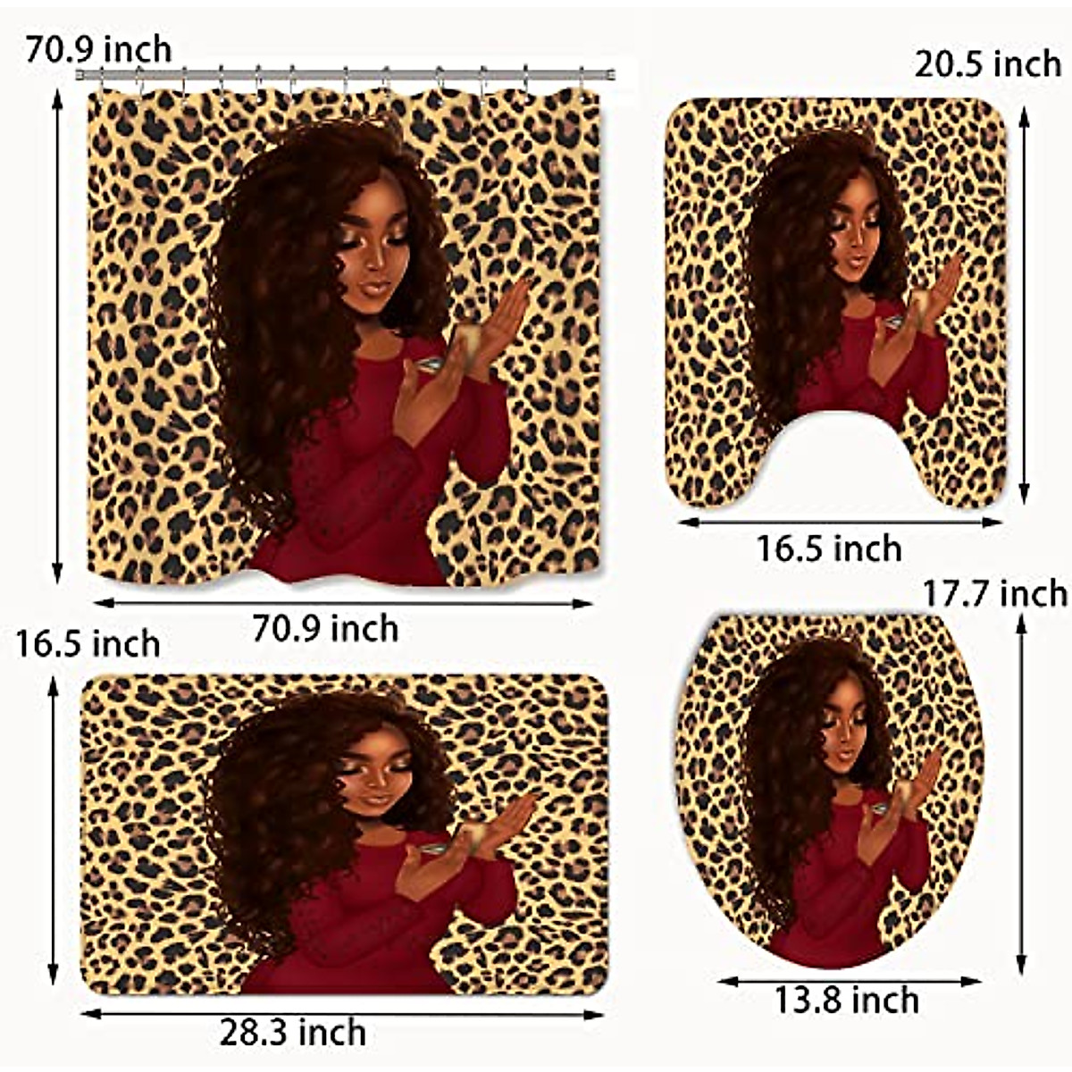Classic African American Shower Curtains for Bathroom, Bathroom Sets with Shower Curtain and Rugs, Toilet Lid Cover Bath Mat, 4PCS Black Girl Leopard Print Bathroom Accessories (Yellow)