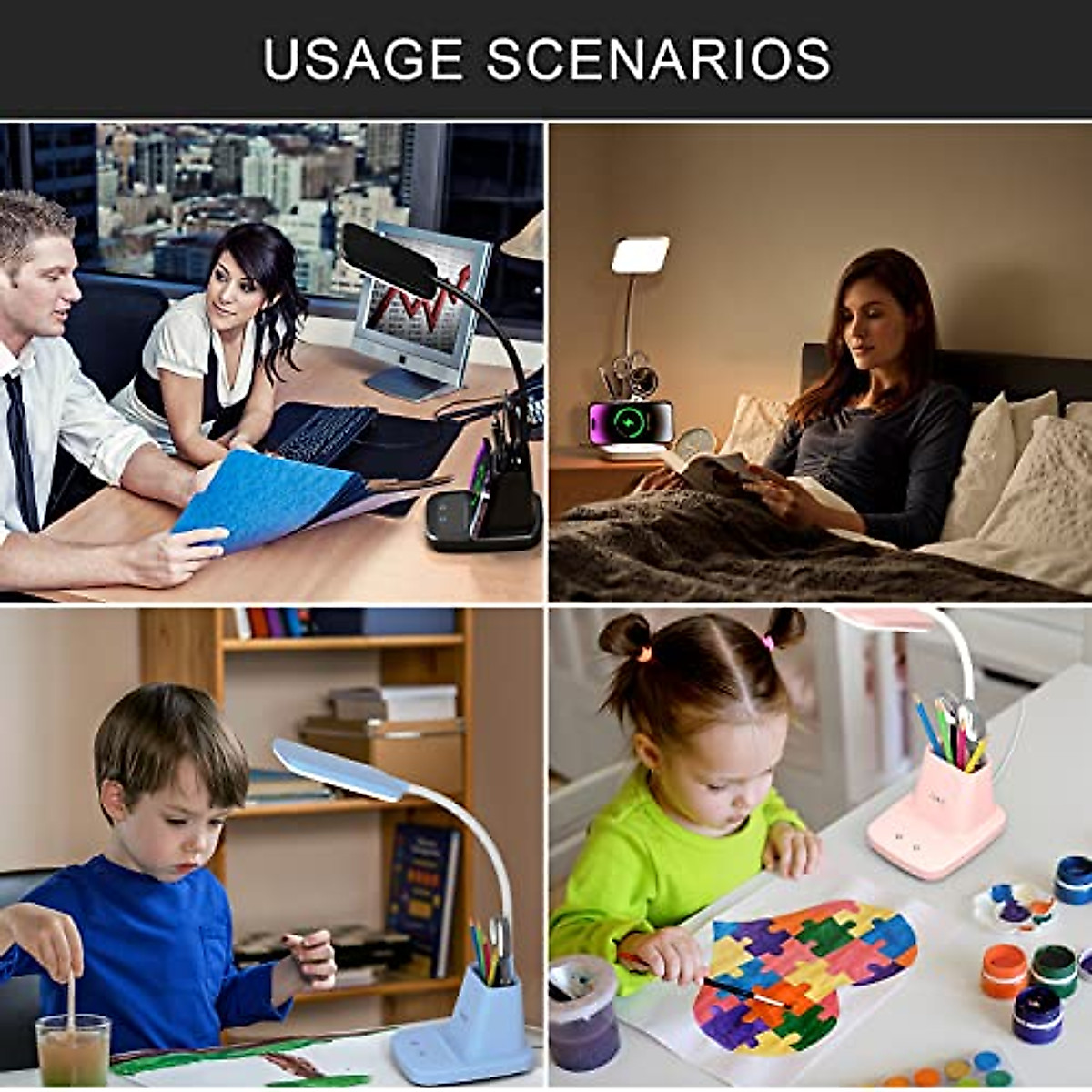 Vicsoon Desk Lamp for Home Office, LED Desk Lamp with Wireless Charger Pen Holder, Dimmable Desk Light with 3 Color Modes, Black Office Lamp for Dorm