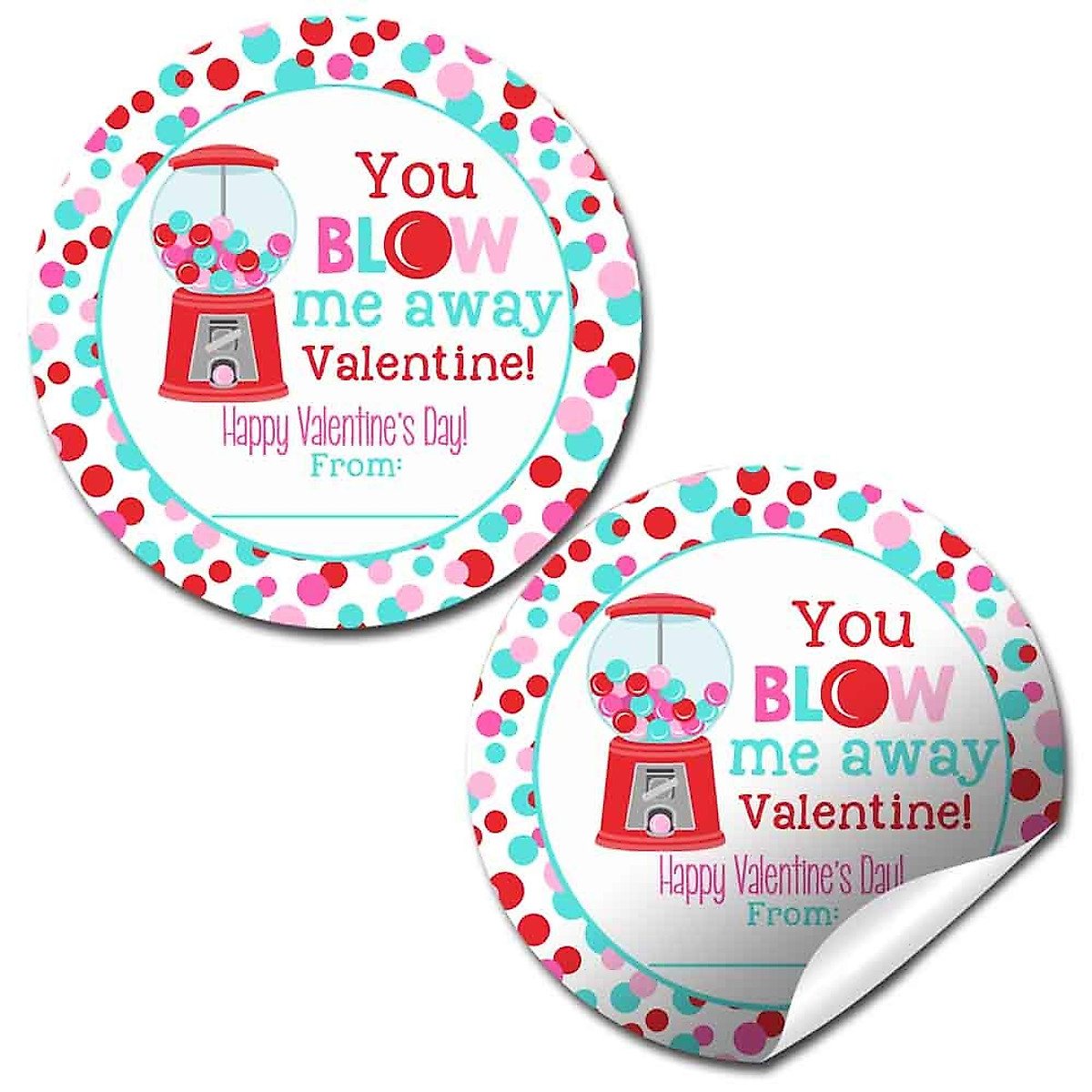 You Blow Me Away Bubble Gum Valentine Party Favor Sticker Labels for Kids, 40 2" Party Circle Stickers by AmandaCreation, Great for Classroom Valentines, Envelope Seals, Gifts & Treats