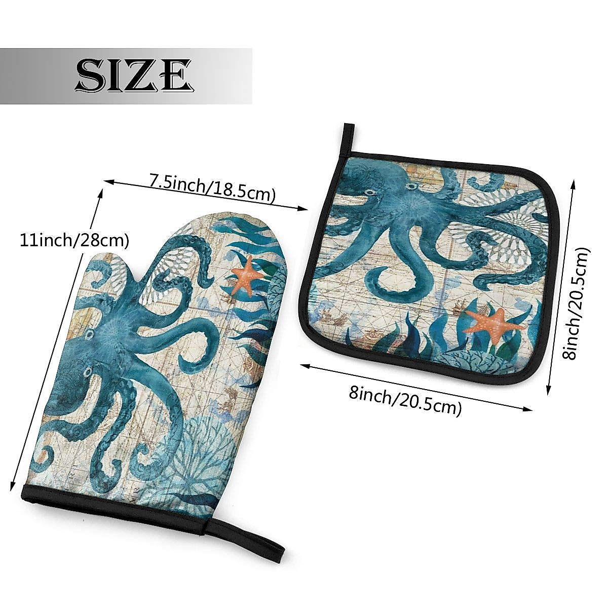Abucaky Blue Octopus Nautical Map Oven Mitts and Pot Holders Insulated Gloves & Kitchen Counter Safe Mats for Cooking BBQ Baking Grilling (2-Piece Set)