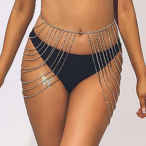 Asooll Sexy Multi-Layered Crystal Leg Body Chains Fashion Sparkly Belly Hip Skirts Tassel Waist Chains for Women and Girls (Gold)