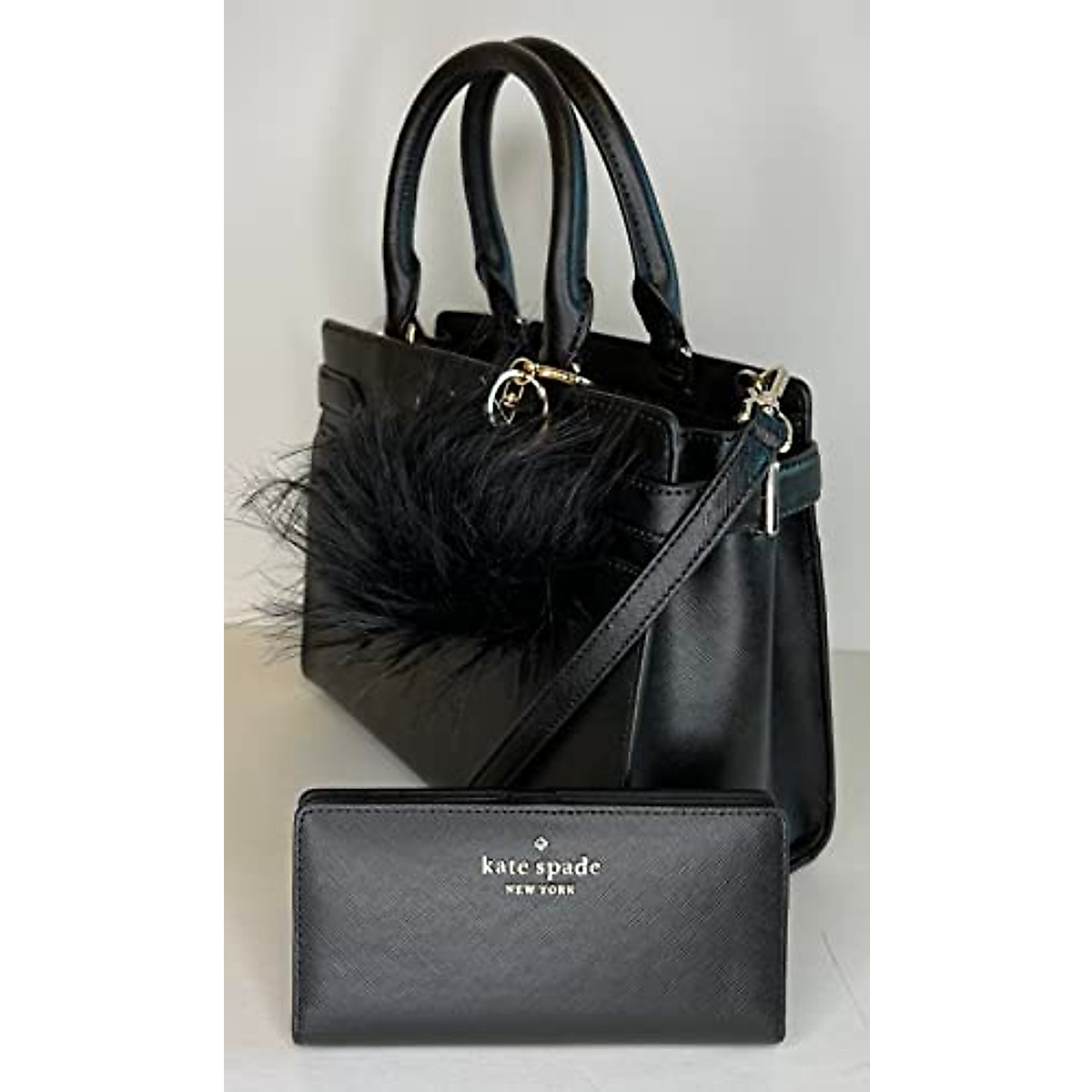 Kate Spade New York Staci MD Satchel bundled with matching Slim Bifold Wallet and Fur Pom (Black)