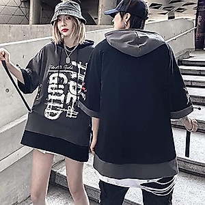 XYXIONGMAO Techwear Shirt Cyberpunk Japanese Streetwear Hip Hop Shirts for Men Graphic T Alphabet Design Workwear Casual Short-Sleeved Men's Loose Couple T-Shirt（Black-S）