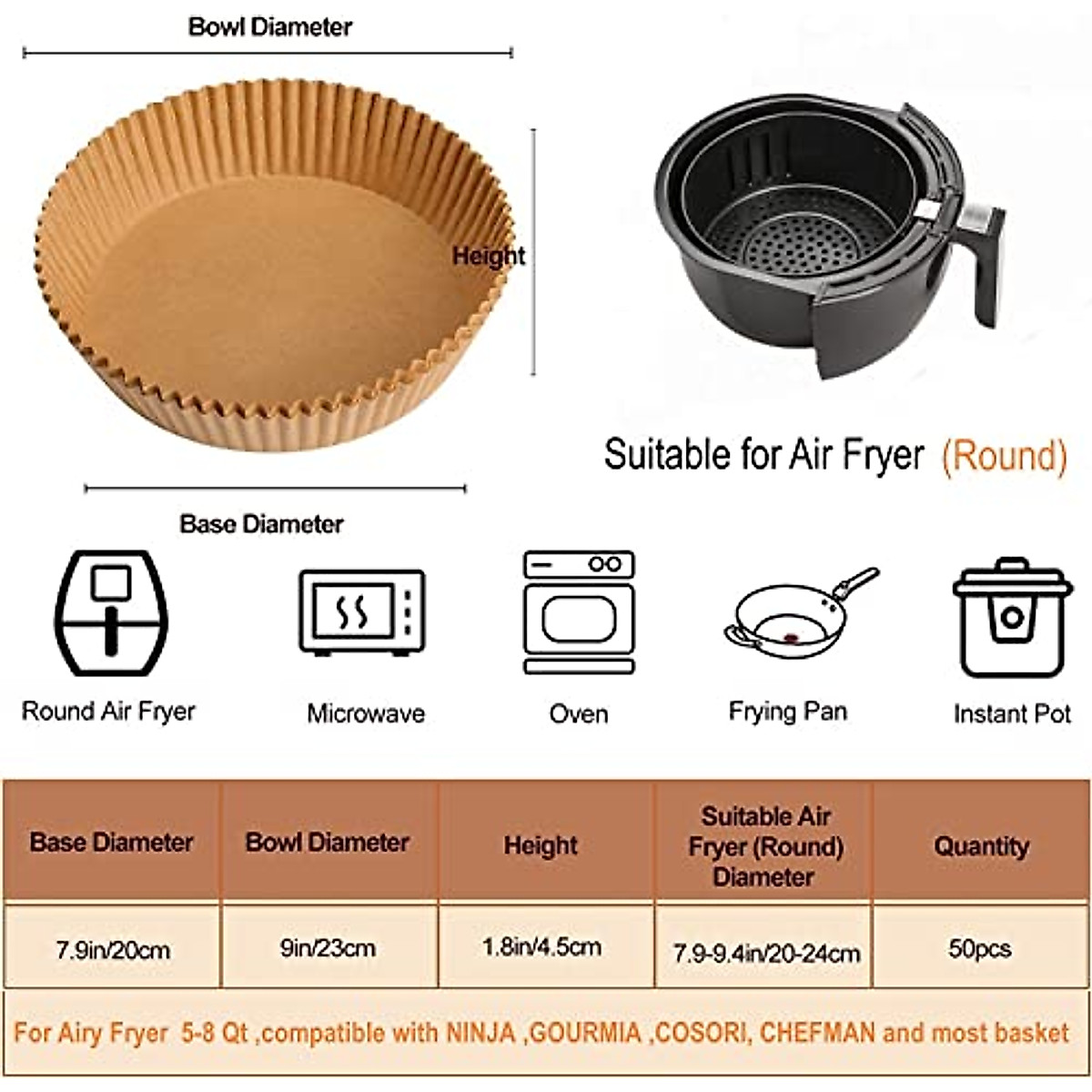 Air Fryer Parchment Paper Liners, 50PCS 8" Air Fryer Paper Mats Filters Compatible with Gourmia, Cosori, Cuisinart, Tcucina, Power Xl, Instant Vortex, Air Fryer 5-8 Qt, Oven Liner Baking Needs