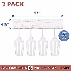 Ilyapa 2 Pack Rustic Shelf with Wine Glass Storage - Wall Mounted Wooden Wine Rack - White, Storage for 8 Glasses