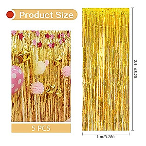 5 Pack Gold Fringe Curtain Backdrop 3.2ft x 8.2ft Metallic Tinsel Foil Fringe Streamers for Photo Booth Props Background Birthday Party Decorations Wedding Christmas Halloween Decorations (Gold)