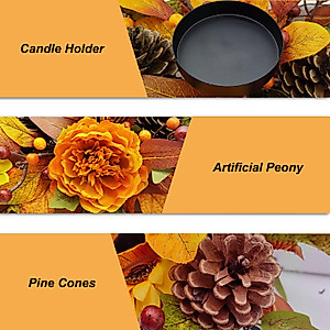 Fall Centerpiece Table Decorations, 27.5'' L Assorted Artificial Peony, Sunflowers, Berries, Autumn Leaves, Pine Cones, Harvest Table Candle Holder for Dinning Table, Fireplace (Candle Not Included)