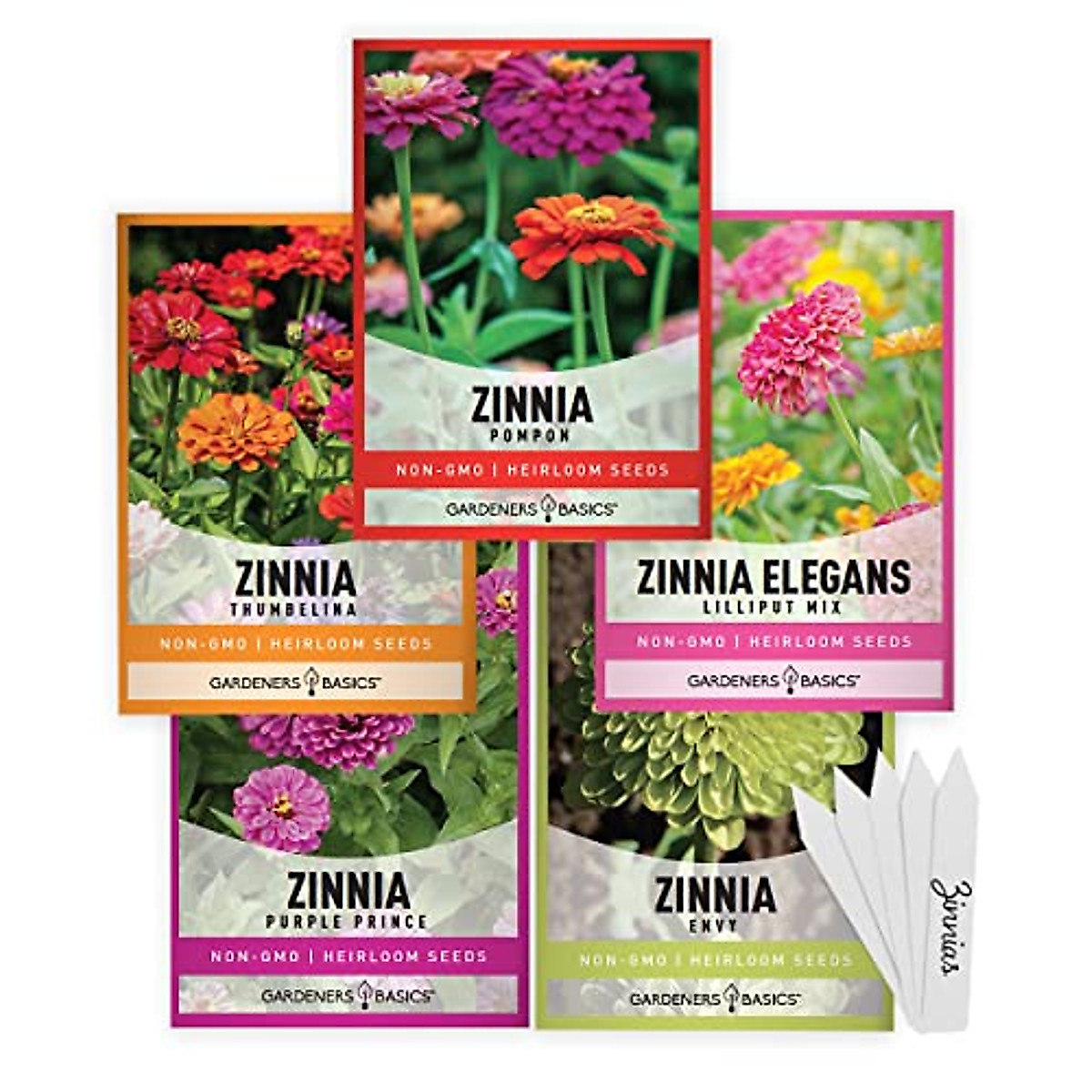 Zinnia Seeds for Planting Outdoors Flower Seeds (5 Variety Pack) Thumbelina, Lilliput, Envy, Purple Prince and Pompon Varieties for Butterflies, Bees, Pollinators Wildflower Seed by Gardeners Basics