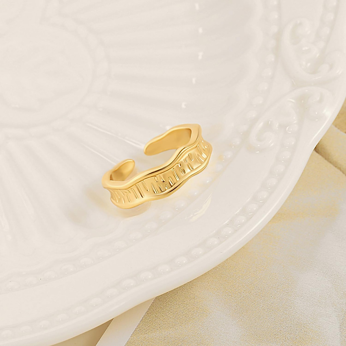 Aobei Pearl 18K Gold Plated Irregular Wave Open Ring for Women Minimalist Band Ring Adjustable Knuckle Finger Jewelry