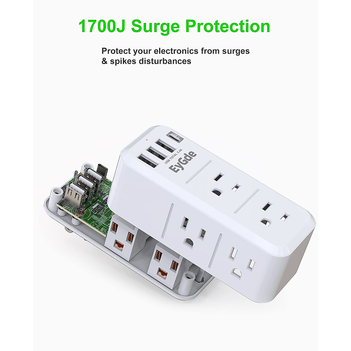 EyGde Multi Plug Outlet Extender Surge Protector 1700J, Wall Power Strip with Rotating Plug & 4 USB Charging Ports (1 USB C) +2 Prong Power Strip with Surge Protector 1700J, EyGde Multi Plug Outlet