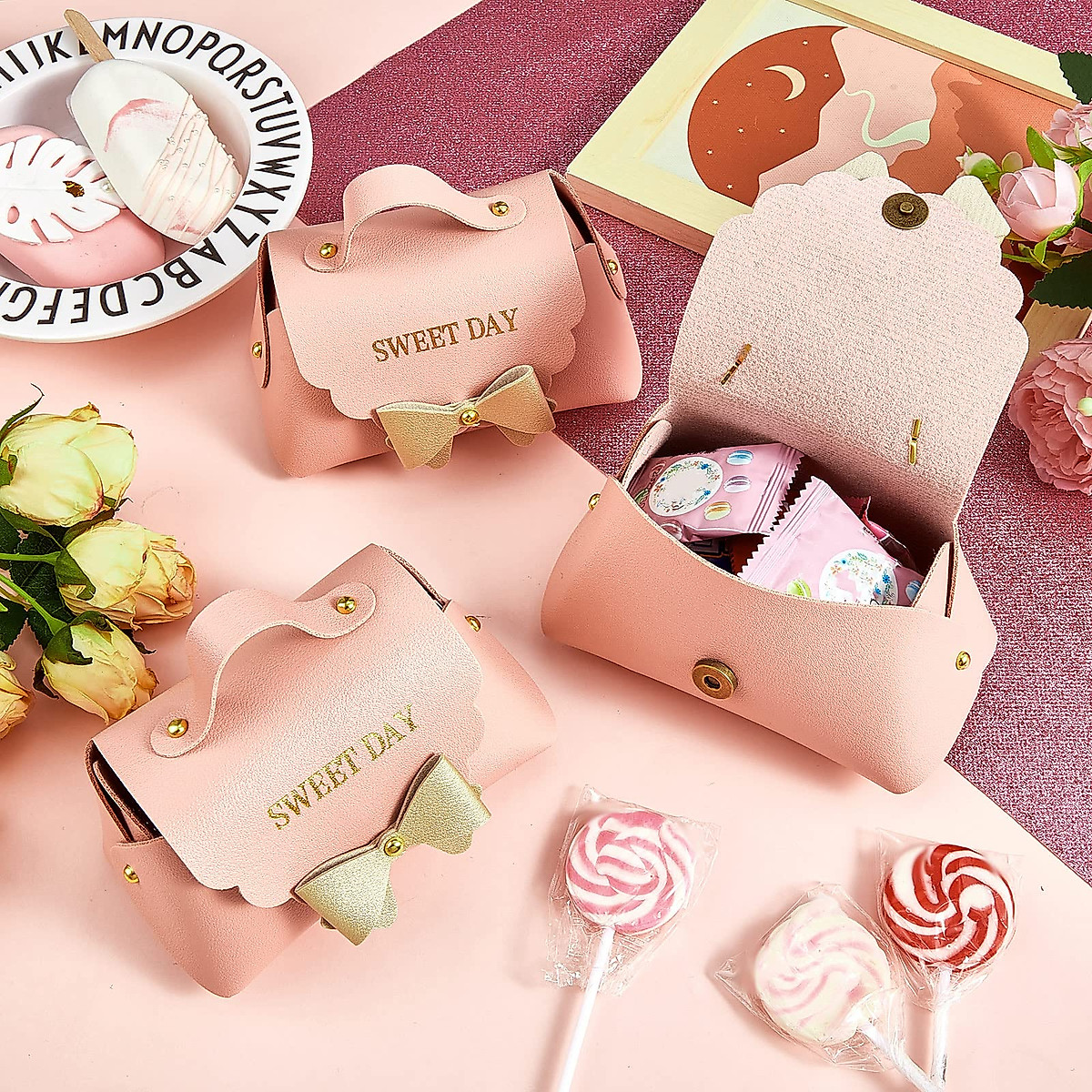 Dandat 24 Pcs PU Leather Bowknot Gift Boxes 5x3 Inch Reusable Candy Gift Favor Boxes with Bow Mini Bowknot Handbag Purse Gift Bags with Handles for Wedding Baby Shower Birthday Party Favor Bag (Pink)